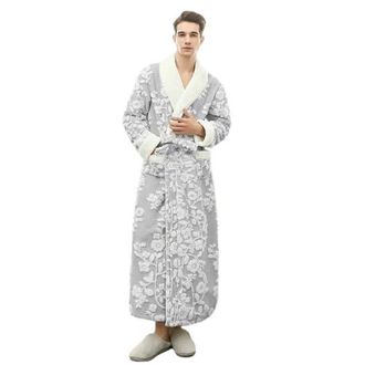 Generic QXDZSW Hiver Chaud Polaire Longue Robe Couple V&ecirc;tements de Nuit &Eacute;pais Flanelle Jacquard Peignoir de Nuit L&acirc;che Homewear Lounge Wear, Hommes Gris &Eacute;pais