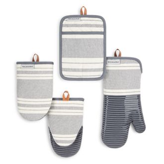 KitchenAid Ofenhandschuh, Vintage-Streifen, Mini-Ofenhandschuh und Topflappen, 100 % Baumwolle, hitzebest&auml;ndig, Anthrazitgrau/Elfenbein, 17,8 x 35,6 cm, 14 x 22,