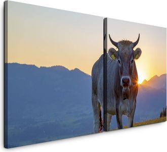 Paul Sinus Art GmbH Kuh im Allg&auml;u 120x60cm - 2 Wandbilder je 60x60cm Kunstdruck modern Wandbilder XXL Wanddekoration Design Wand Bild