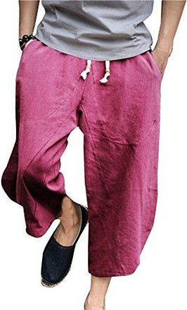 LaoZanA Homme 3/4 Shorts Bermudas Pantalon Sarouel Taille Elastique Baggy Large Pantacourt Décontracté Léger Pantalon en Lin Rouge XL