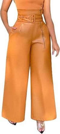 Generic Pantalon en cuir synthétique pour femme taille haute avec ceinture et jambes larges - Pantalon de salon Palazzo en similicuir PU - Pantalon formel élé
