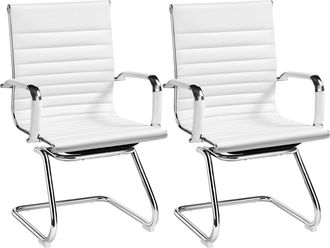 Yaheetech 2 St&uuml;ck Esszimmerst&uuml;hle K&uuml;chenstuhl mit Armlehnen, Besucherstuhl mit Chromgestell, Freischwinger aus PU, Konferenzstuhl f&uuml;r Esszimmer Schlafzimmer Woh