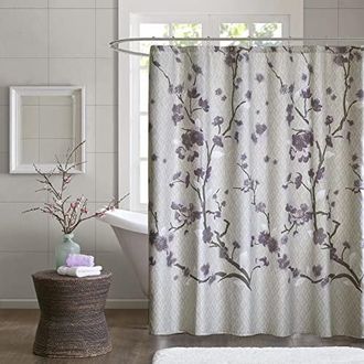 Madison Park Holly Moderner Duschvorhang aus Baumwollstoff, lang, Blumenmuster, für Badezimmer, 183 x 183 cm, Grau/Violett, Taupe