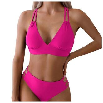 Generic Ensemble bikini push-up 2 pi&egrave;ces pour femme - Rembourr&eacute; - Taille haute - Col en V - Maillot de bain de piscine dos nu, rose vif, XL