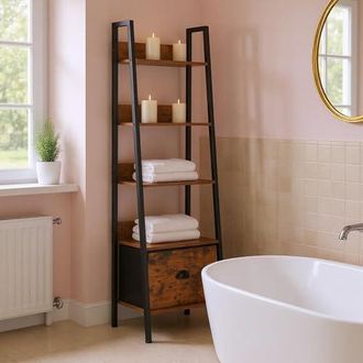 Furniture R Badezimmerregal Leiterstil 42x29x141 cm, 5 Ebenen, Stoffschublade, 12 mm Holzplatten & 20 mm Metallrahmen, 7,5 cm Rückwand, Elegantes Badmöbel im Land