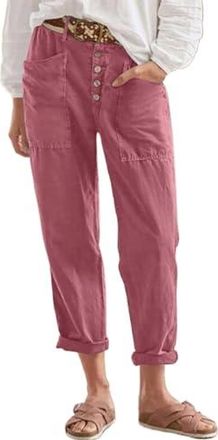 Generic Pantalon en lin pour femme avec jambe large, bleu court pour femme de sport de loisirs en coton et lin avec fermeture à boutons dété léger, Couleur : 