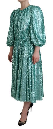 Dolce & Gabbana Womens Blue Sequined Pleated Aline Midi Nylon Dress