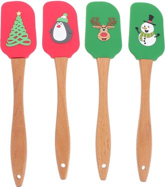 BESTONZON 4 Stück Weihnachts-Silikonspatel, Hitzebeständig Silikon Spatel Weihnachten, Thema Teigschaber Spachtel, Weihnachts-Backspatel Mit Holzgriff, Mischsch