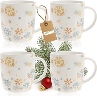 Com-Four 4x mugs &agrave; caf&eacute; en c&eacute;ramique 400 ml - tasses d&eacute;cor&eacute;es de flocons de neige - jolies mugs pour boissons chaudes et froides durant la p&eacute;riode de lAvent (F