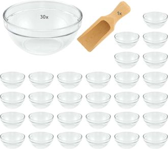 mikken Art 30 kleine Glasschälchen Schälchen für Kochzutaten, Marmelade, Dips, Tapas etc. Ø 7,5cm, inkl. einer kleinen Holzschaufel 7,5 cm