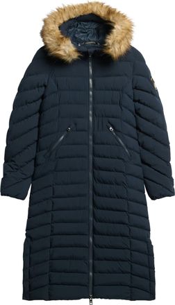 Superdry Damen Lange Fuji Jacke mit Kapuze mit Kunstfellbesatz Finster Marineblau 42