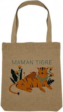 Fabulous Sac Shopping Tote Bag Aspect Lin - Maman Tigre et son B&eacute;b&eacute; Dessin Mignon - Sac de Courses Toile Epaisse 360g Beige Naturel Cabas Port&eacute; Epaule Solide I