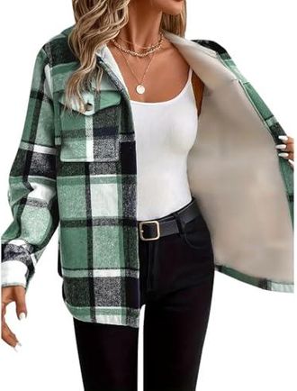Minetom Veste a Carreaux Femme Chaud Doublure Polaire Sweat à Capuche Manches Longues Hoodie avec Boutons Automne Hiver Manteau B Vert XS