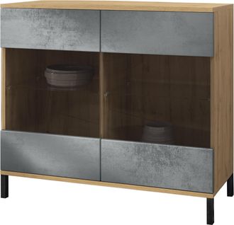 Vladon Kommode Bari V3, Moderner K&uuml;chenschrank mit 2 gro&szlig;en Glast&uuml;ren Eiche Evoke/Beton Dunkel Optik (92,5 x 83.5 x 35)