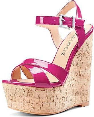 Castamere Escarpins Wedge Femme Bout Ouvert Sandale Cale Bride Cheville Slingback Plateforme Talon Rose P&ecirc;che Vernis Chaussures EU40