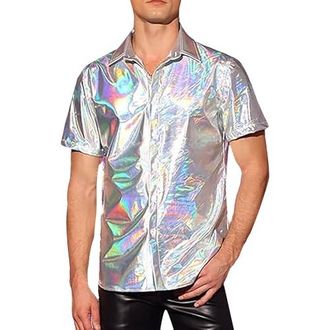 Generic Chemises d&eacute;t&eacute; pour homme - Manches courtes et col &agrave; revers - Coupe ajust&eacute;e - Doux - Brillant - Costume disco pour bal de fin dann&eacute;e, mariage, Argent&eacute;.
