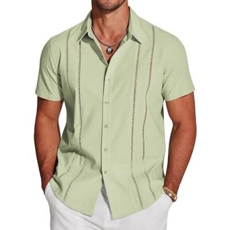 Generic Chemise pour homme Cuba Guayabera exquise brod&eacute;e boutonn&eacute;e sur le devant, chemise d&eacute;contract&eacute;e d&eacute;t&eacute; pour la plage, le camping, vert clair, XXL