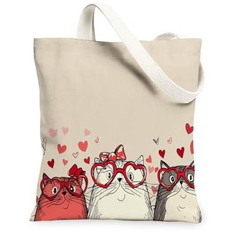 Generic Sacs fourre-tout en toile motif chat de Saint-Valentin, sacs &agrave; provisions r&eacute;utilisables, l&eacute;gers, lavables et respectueux de lenvironnement, beige, 13x