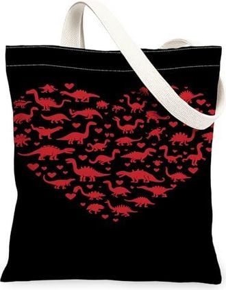 Generic Sac fourre-tout en toile r&eacute;utilisable avec motif dinosaure en forme de coeur, l&eacute;ger et lavable pour voyage, plage, pique-nique, noir, 13x15 Inch