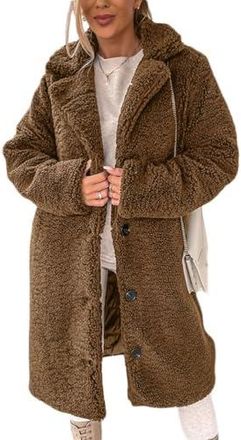 Onsoyours Veste en Peluche pour Femme Long Patte de Boutonnage Revers Manteau Polaire Trench Élégante Manteau Parka Outwear avec Poches Automne Hiver A Marron F