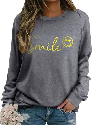 Dresswel Sweat-shirt pour femme avec impression de lettre souriante amusante et souriante - Col rond - Manches longues - Coton - Automne - Hiver - Décontracté 