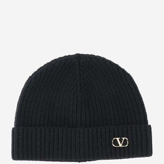Valentino Garavani Mens Beanie Hat Vlogo Black Cashmere