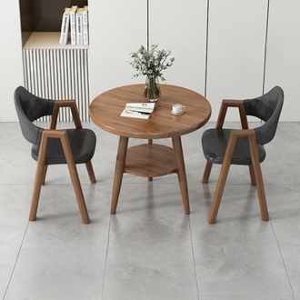 Generic Runder Empfangstisch Und 2 St&uuml;hle Im Set - Moderne Holzmaserung Mit PU-Ledersitzen for B&uuml;ro Oder Lounge(Black Chairs+Walnut-Colored Table)