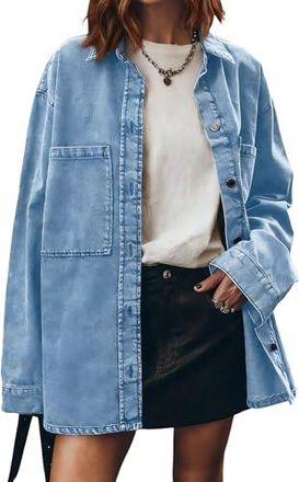 Generic Veste en jean d&eacute;contract&eacute;e pour femme - Coupe ample - Manches longues, bleu clair, XXL