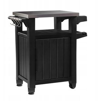 Keter Table de jardin mobile avec rangement 183L - Acier inoxydable et plastique r&eacute;sistant - Supporte jusqu&agrave; 45 kg - Roues pour mobilit&eacute; facile