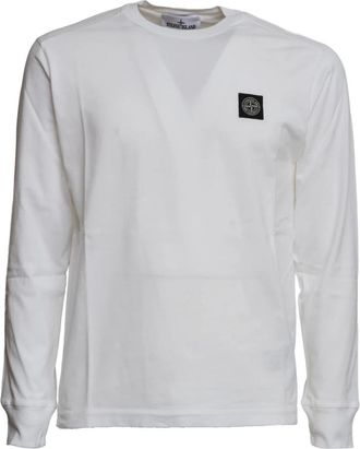 Stone Island Homme, Tops, Blanc, Taille: L Compass Patch T-shirt &agrave; Manches Longues