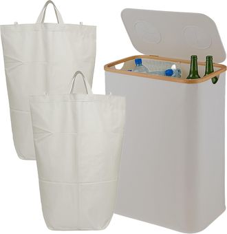 Relaxdays Pfandflaschen Sammelbeh&auml;lter, 170 L, bis 100 Flaschen, 2 Beutel, Flaschensammler f&uuml;r Glas & Plastik, beige