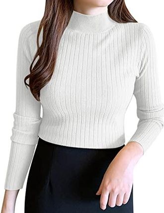 Generic Sous-pull à manches longues pour femme avec col montant - T-shirt en tricot côtelé - T-shirt à manches longues - Couleur unie - Col roulé - Sweat-shir