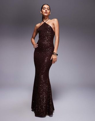 Asos Robe longue dos nu &agrave; sequins - Marron chocolat-Brown