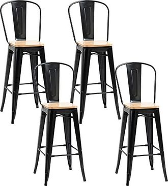 HOMCOM Lot de 4 tabourets de Bar Industriel avec Dossier Repose-Pied Hauteur Assise 76 cm métal Noir Panneaux Multicouches Imitation Bois Clair