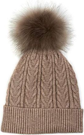styleBREAKER Ladies Fine Knit Pom Pom Hat with Cable Pattern, Faux Fur Pom Pom Beanie, Lined Winter Knit Hat 04024100 (en Anglais), Couleur:Taupe
