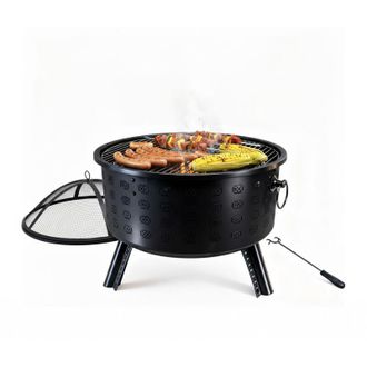 Relaxdays Relaxdays Feuerschale, Hx&Oslash; 62 x 66 cm, mit Grillrost, Funkenschutz & Sch&uuml;rhaken, Feuerstelle Garten, Feuerkorb, schwarz