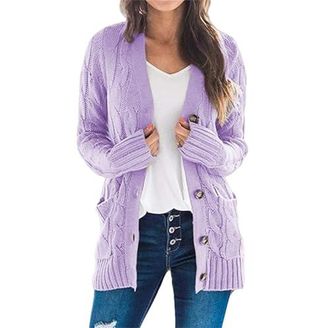 Generic Cardigan d&eacute;contract&eacute; en tricot pour femme - Automne et hiver - Chaud - Col en V - Poches torsad&eacute;es - Veste manteau, violet, 3XL