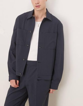 Asos Elegante Harrington-Jacke aus Seersucker mit Struktur in Marineblau und Knopfleiste, Kombiteil
