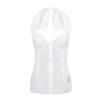Marine Serre Femme, Blouses et Chemises, Blanc, Taille: 42 FR Haut dos nu confectionn&eacute; &agrave; partir de chemises recycl&eacute;es