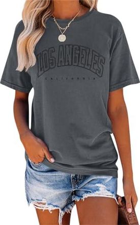 TOMWELL T-Shirt Femme Été Chemise à Manches Courtes T Shirt Col Rond Tops Sport Tee Shirt Imprimé A Gris Foncé L