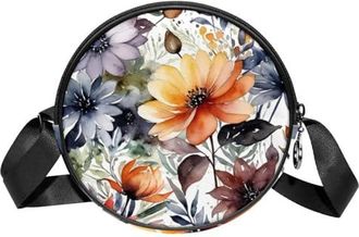 Generic Sac &agrave; bandouli&egrave;re rond pour femme, motif fleurs et feuilles, sac &agrave; dos avec fermeture &eacute;clair, bretelles r&eacute;glables, sac &agrave; main rond d&eacute;contract&eacute; pour fe