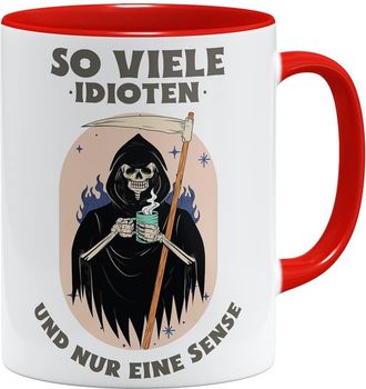 OM3 So viele Idioten und nur eine Sense Tasse mit Sensenmann II - Keramik Becher - 11oz 325ml - Beidseitig Bedruckt - Rot