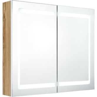 vidaXL Vidaxl - Armoire murale de salle de bain &agrave; miroir LED 80x12x68 cm - MDF m&eacute;lamin&eacute; blanc et ch&ecirc;ne - 2 portes et 3 &eacute;tag&egrave;res pour rangement