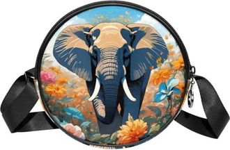 Generic Petit sac &agrave; bandouli&egrave;re rond pour femme, motif &eacute;l&eacute;phant, fleur d&eacute;l&eacute;phant avec fermeture &eacute;clair, bretelles r&eacute;glables, sac &agrave; main rond d&eacute;contract&eacute; pour 
