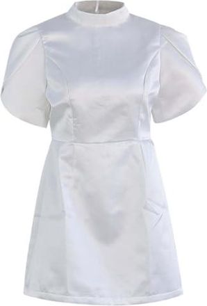 Generic 2026 Robes amincissantes mod&egrave;le demi col roul&eacute; robe manches courtes mince taille haute jupe noeud, blanc, L