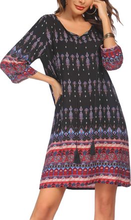 Beyove Damen Bohemian Tunika Kleid Sommer Strandkleid Tunikakleider Vintage Strandtunika 3/4-Arm Rundhals Kleid Blumenmuster Kurzes Sommerkleider Tops Muster