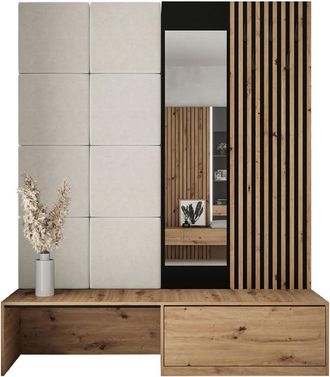 Mirjan24 Garderoben-Set Paladura I, Schuhschrank + Spiegel + Lamellen Paneel mit Kleiderhaken + Gepolstertes Paneel/Wandpaneel, Flurgarderobe, Wandgarderobe (E