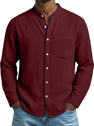 Generic Chemises en lin pour homme col grand-p&egrave;re manches longues col &agrave; bandes chemises en lin avec poche poitrine d&eacute;contract&eacute;e unie intelligente chemise de p