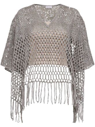 Brunello Cucinelli pull en maille ajour&eacute;e &agrave; sequins - Gris