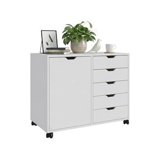 Relaxdays Rollcontainer, 5 Schubladen & 2 F&auml;cher, HBT: 65x78x40 cm, B&uuml;roschrank, Aktenschrank mit Rollen, B&uuml;ro, wei&szlig;